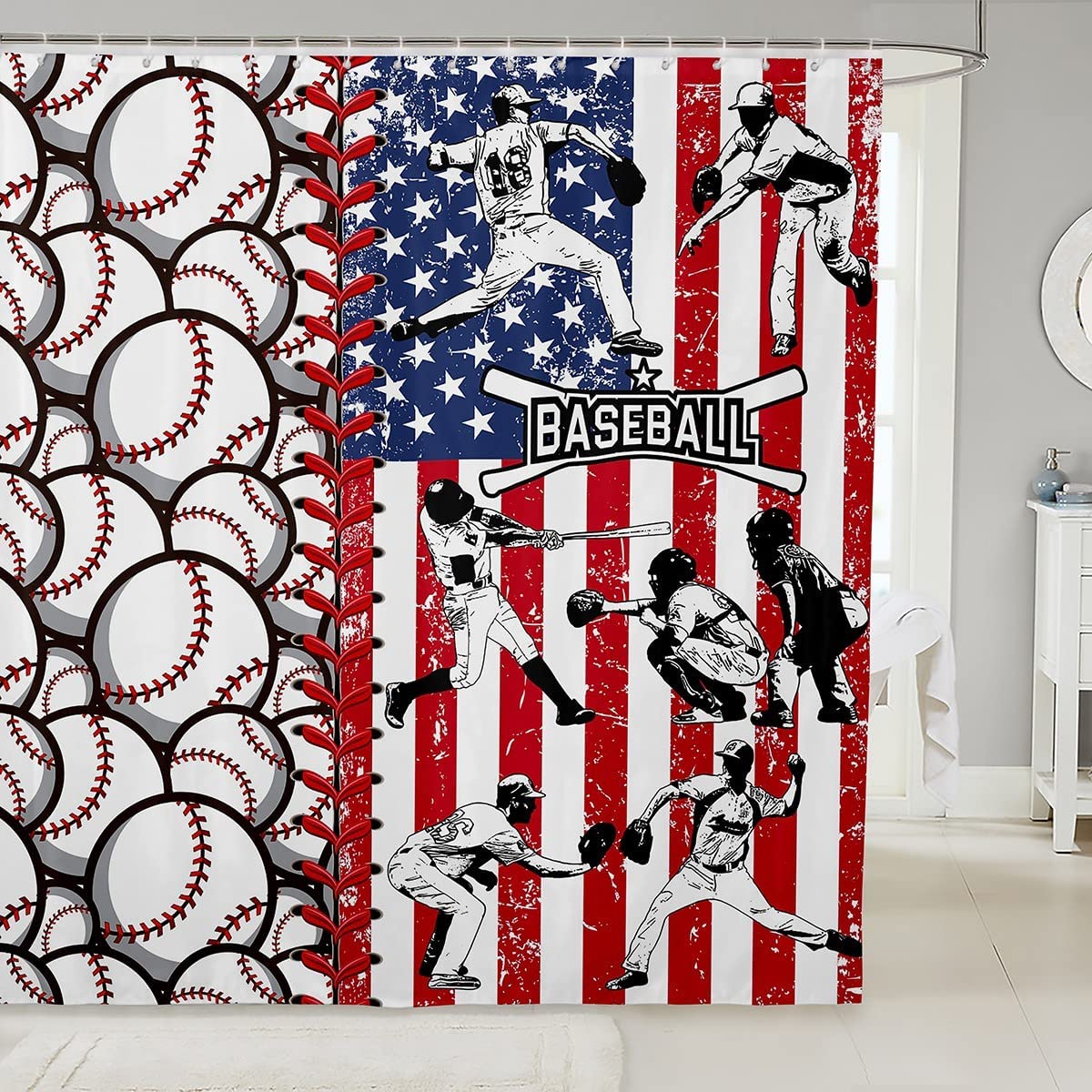 Baseball American Flag Shower Curtain for Kids Bathroom Decor - Craigshirt