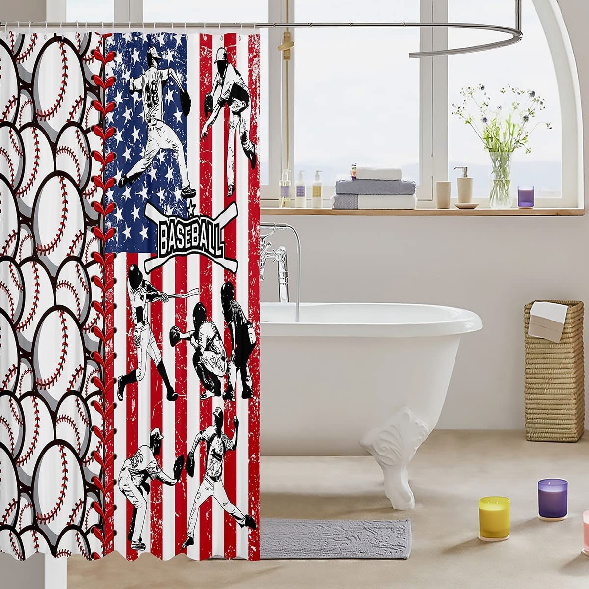 Baseball American Flag Shower Curtain for Kids Bathroom Decor - Craigshirt