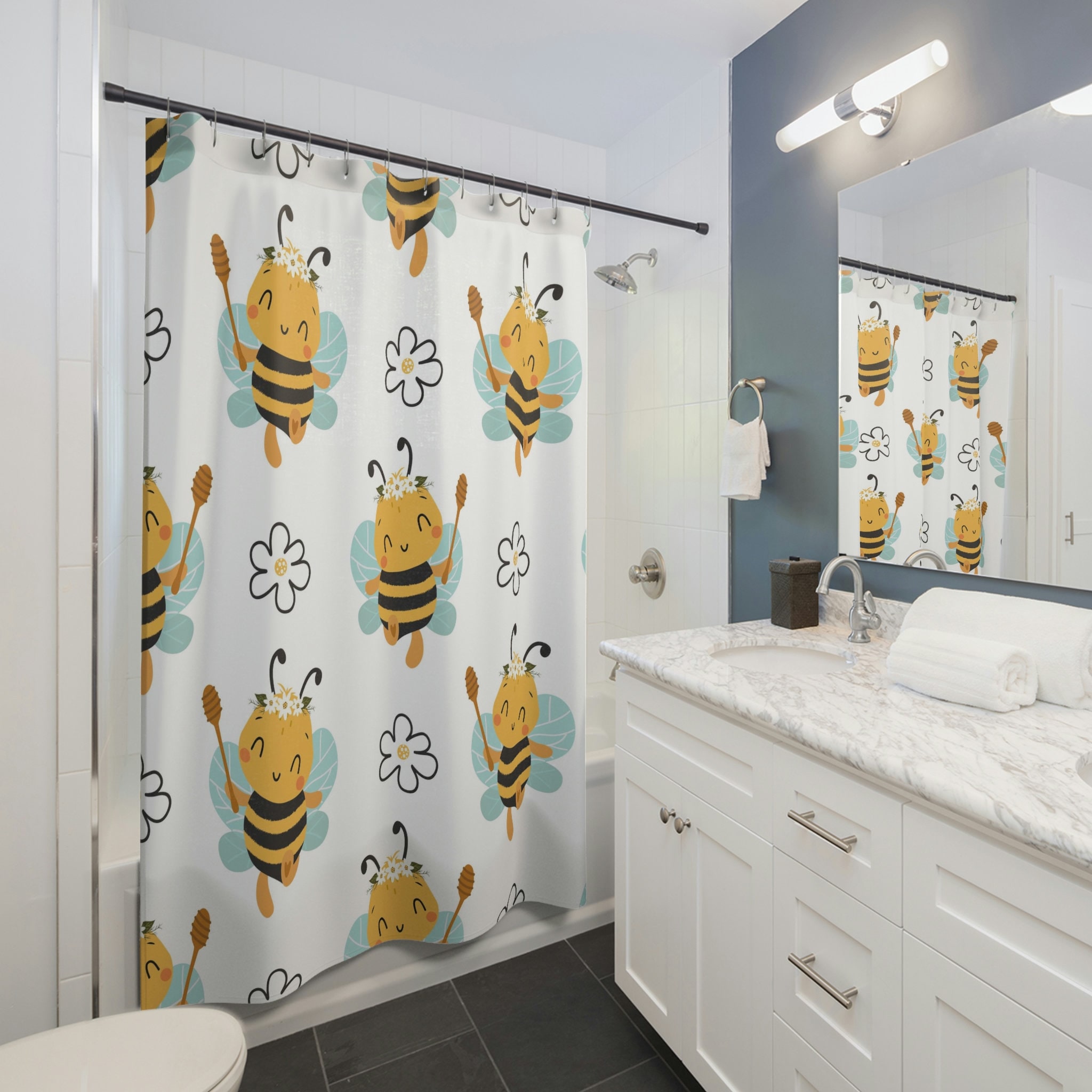 Custom Honey Bee Shower Curtain with Daisy Design - Craigshirt