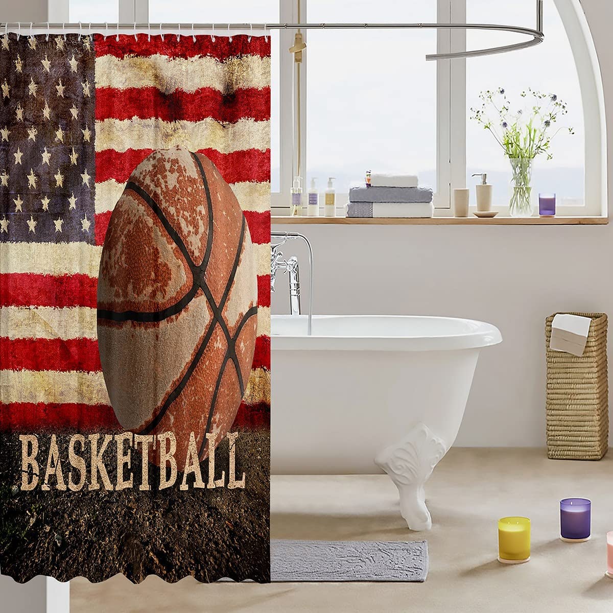 Decorative Basketball and American Flag Shower Curtain for a Sporty and ...