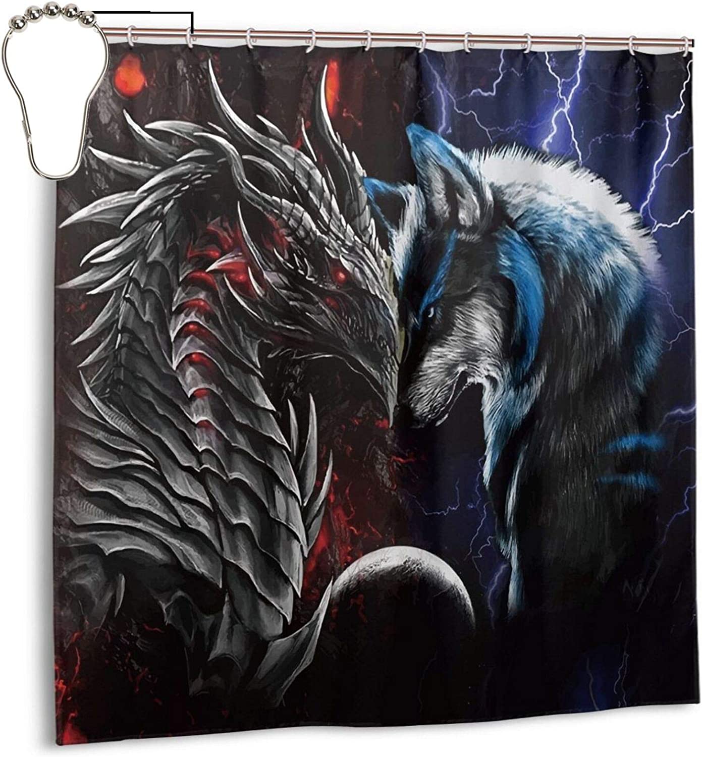 Gelingmei Red Blue Dragon and Wolf Shower Curtain, Waterproof Fabric ...