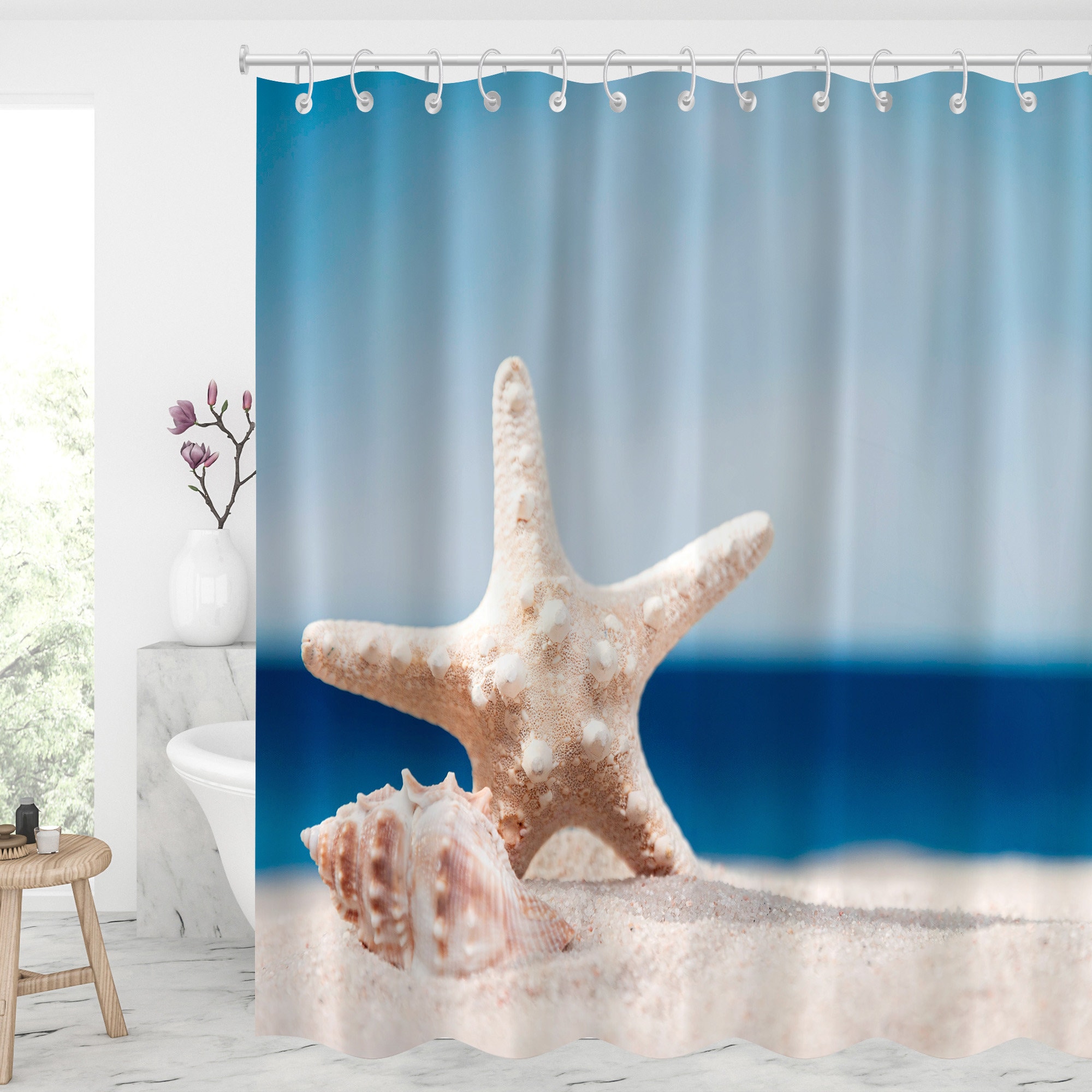 Modern Beach Life Shower Curtain with Starfish and Conch Design ...