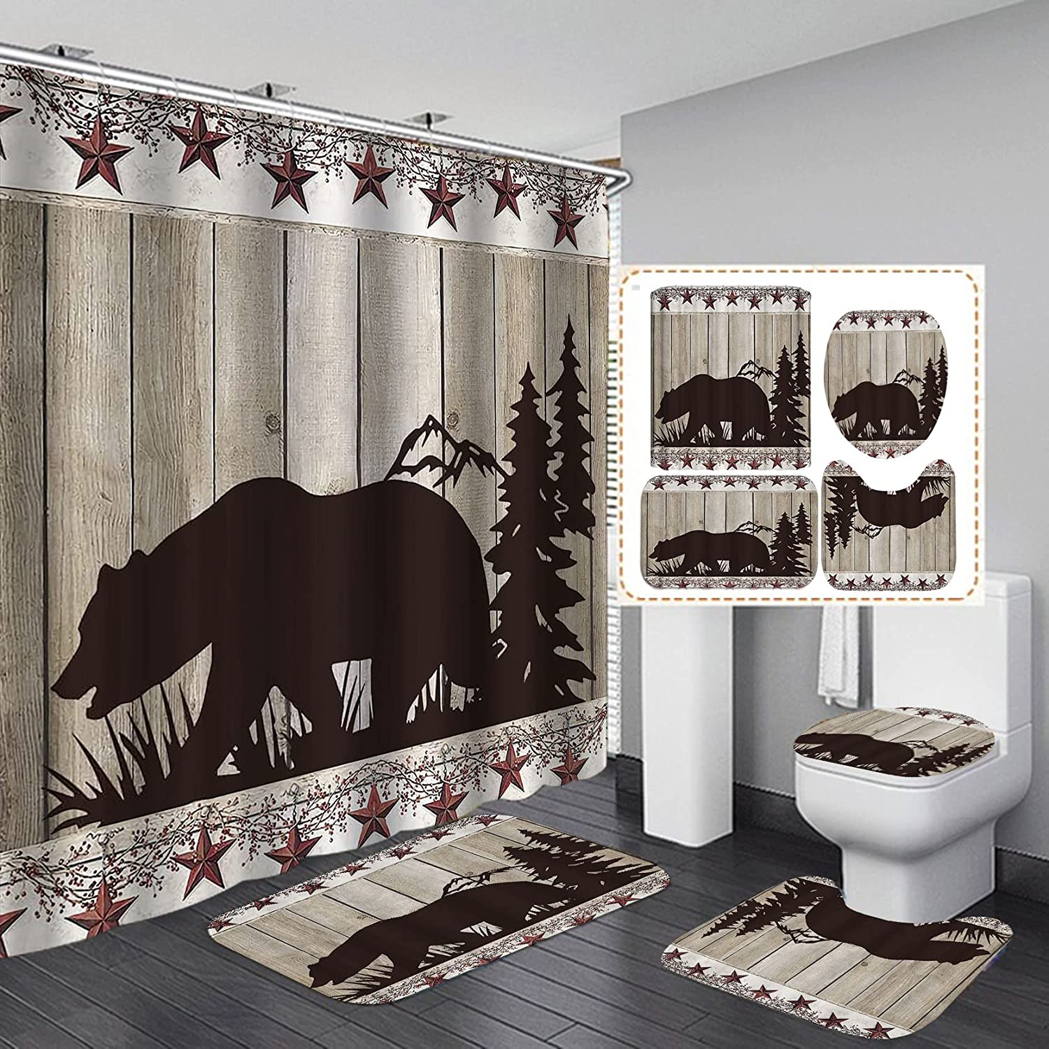 Rustic Bear Shower Curtain, Country Western Bathroom Decor with Berries ...