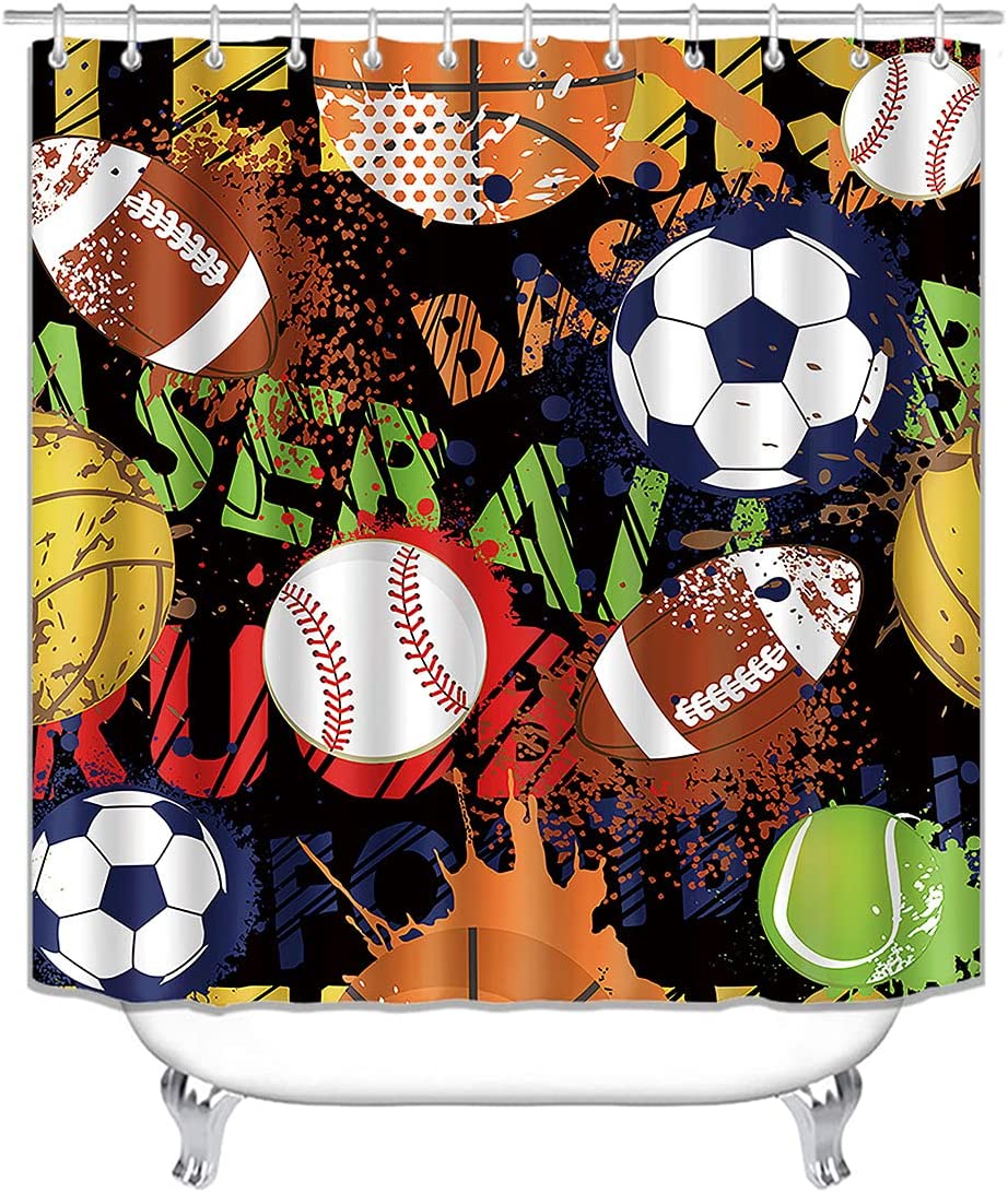 Sports Game Shower Curtain, Cool Basketball Soccer Volleyball Tennis ...