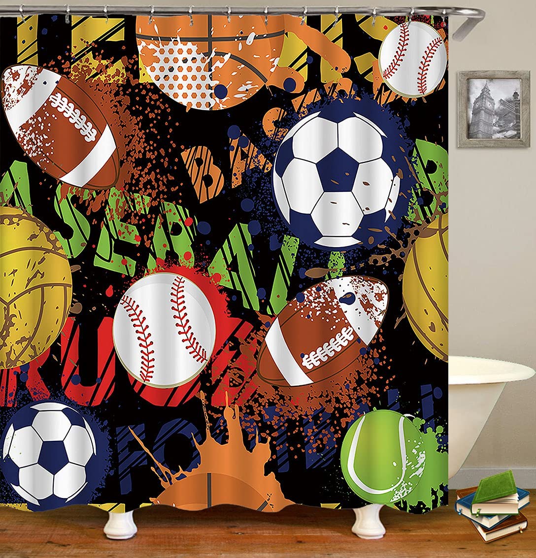 Sports Game Shower Curtain, Cool Basketball Soccer Volleyball Tennis ...