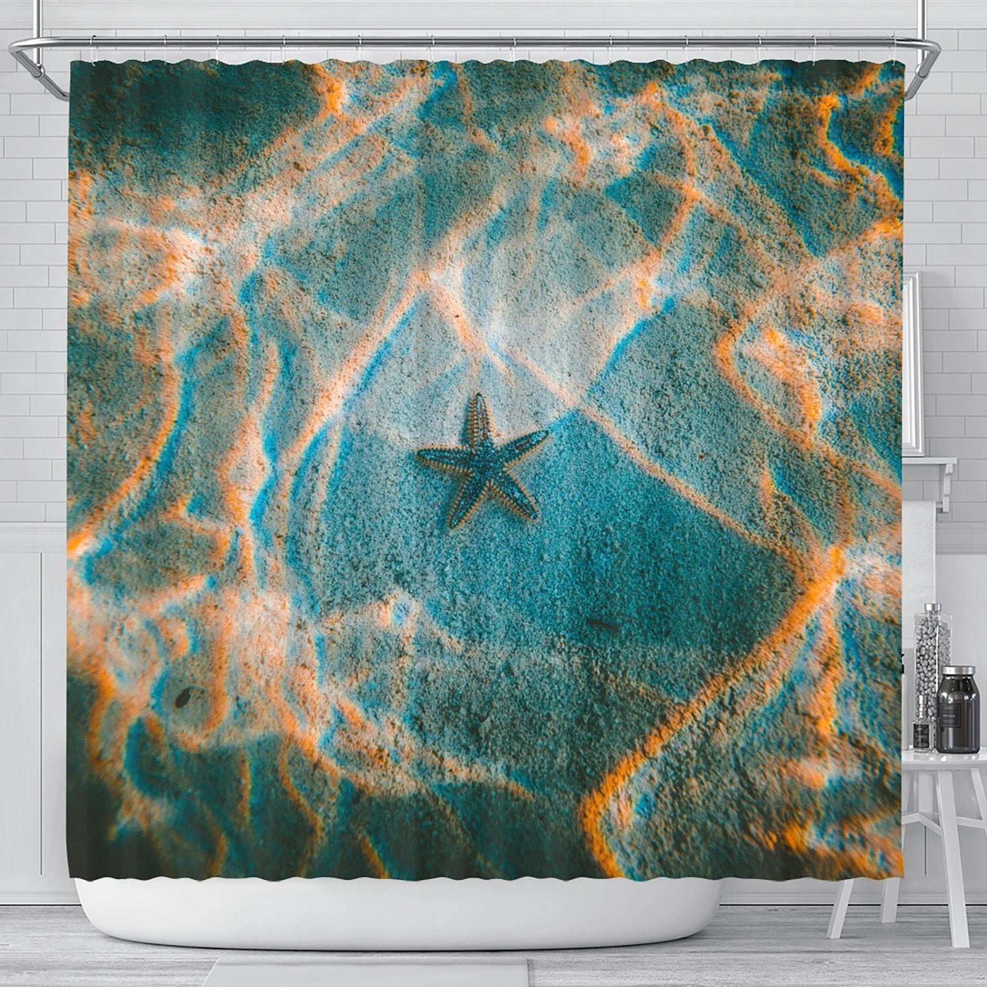 Starfish Shower Curtain, Golden Blue Underwater Sea Theme Bathroom ...