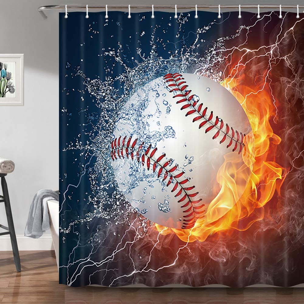 Water Fire Baseball Sports Decor Fabric Shower Curtain for Bathroom ...