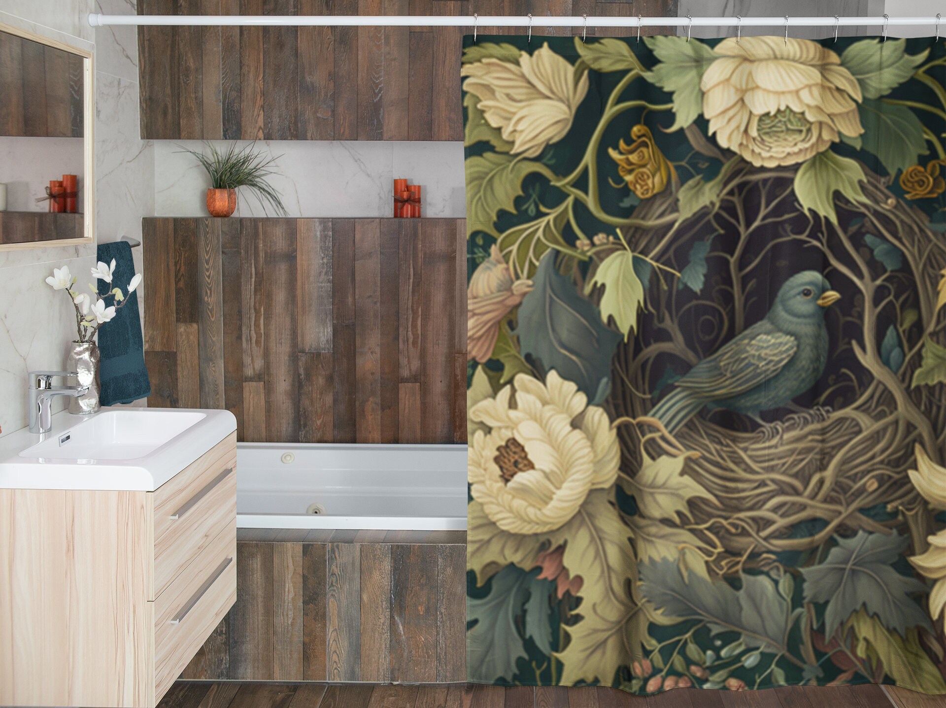 William Morris Inspired Bird Nest Shower Curtain with Forest Theme for ...