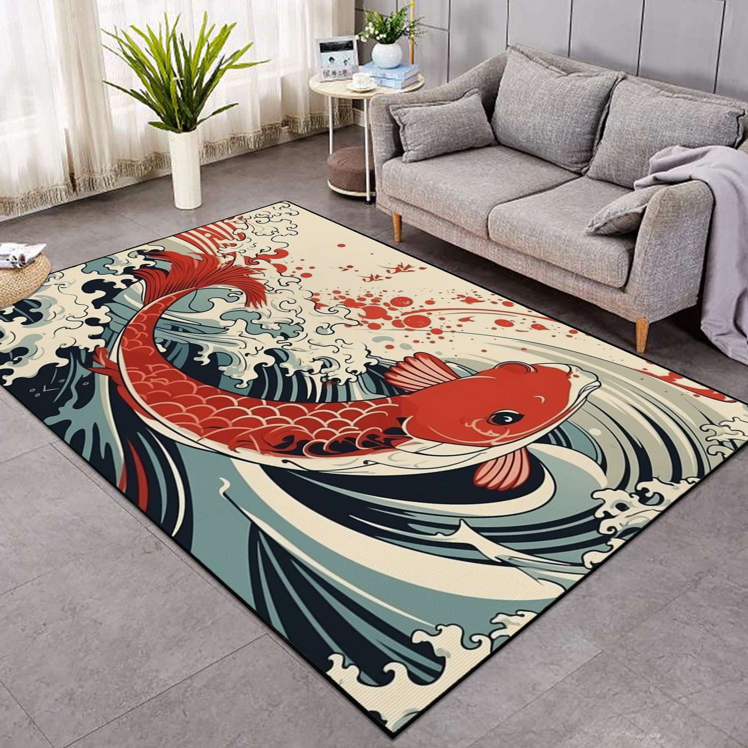 Customizable White Background Koi Fish Painting Area Rug with Big Wave ...