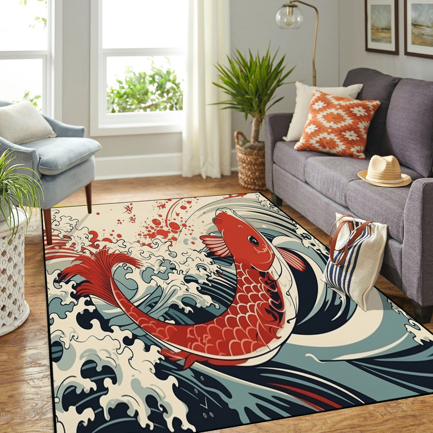 Customizable White Background Koi Fish Painting Area Rug with Big Wave ...