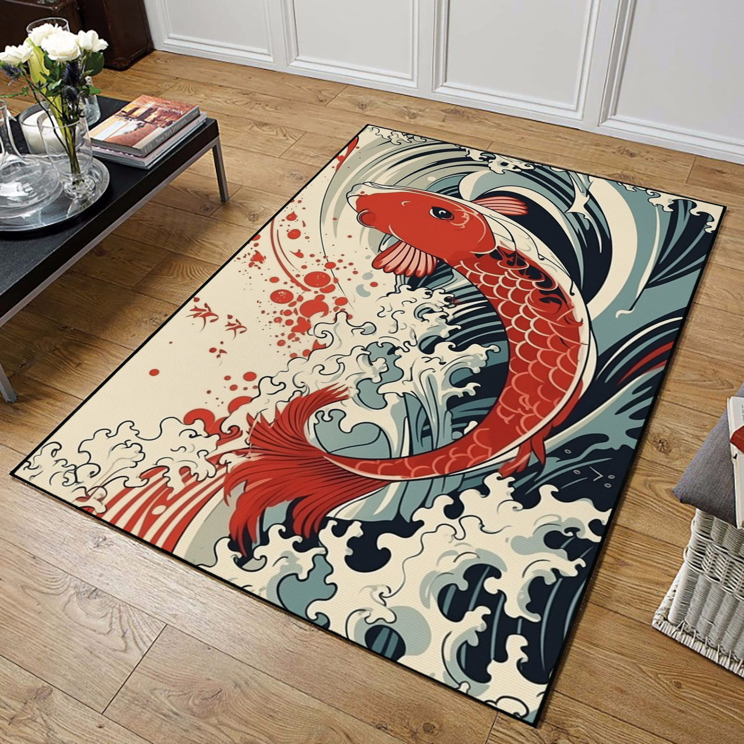 Customizable White Background Koi Fish Painting Area Rug with Big Wave ...