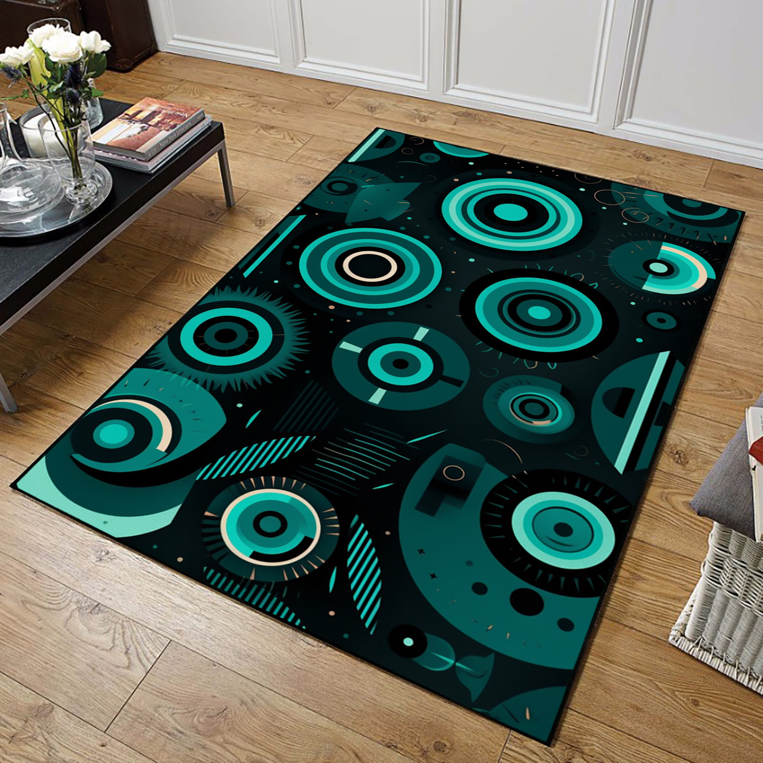 Futuristic 70s Style Personalized Area Rug with Circle Pattern in Black ...