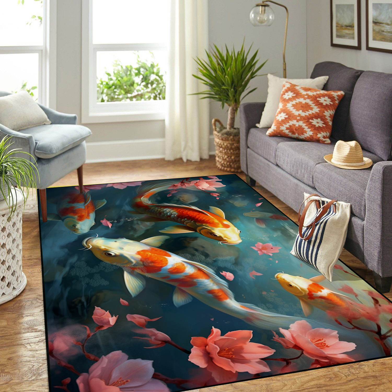 Realistic Cherry Blossom Koi Fish Painting Desktop Wallpaper Area Rug ...