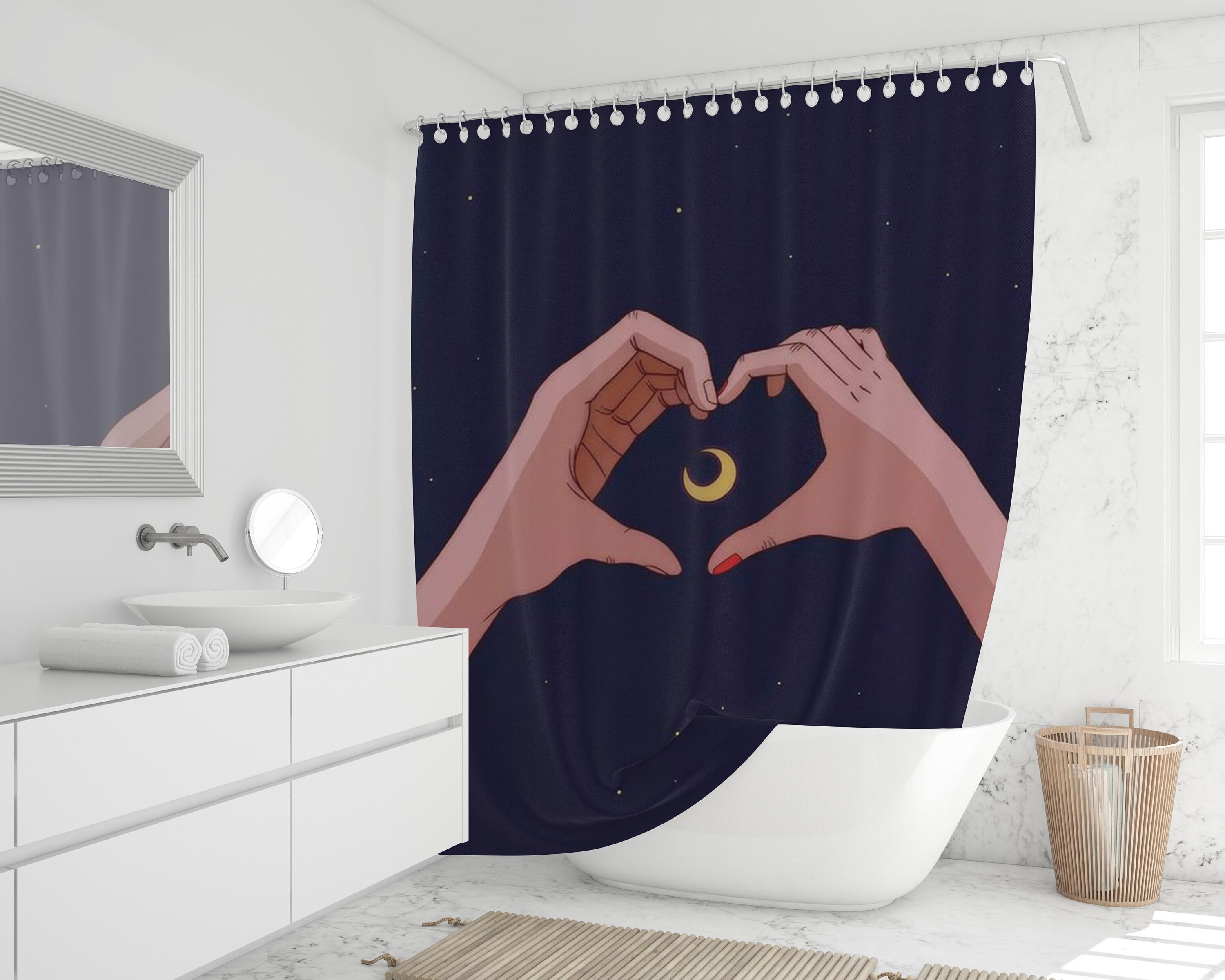 Sailor Moon Shower Curtain - 90s anime decor, crescent moon, stars ...