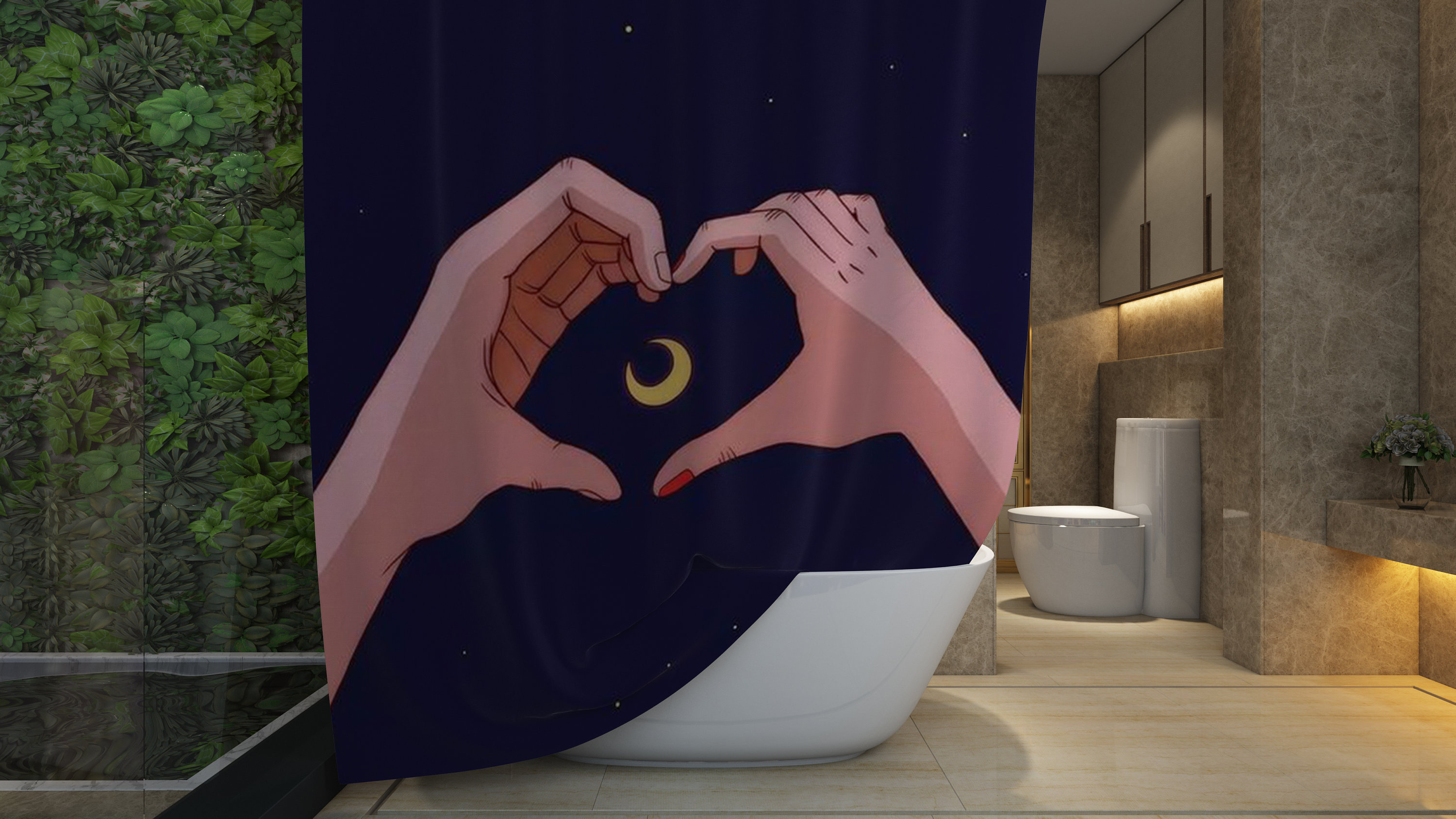 Sailor Moon Shower Curtain - 90s anime decor, crescent moon, stars ...